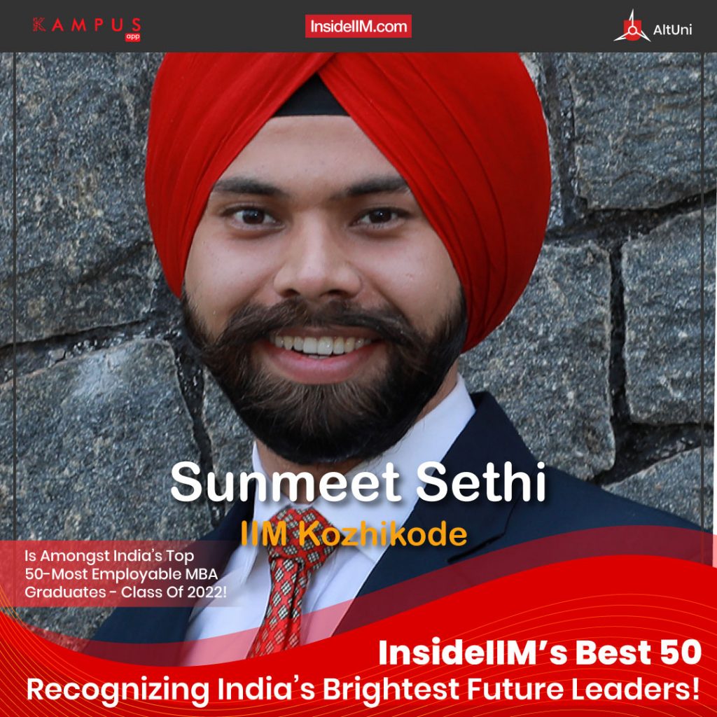 Sunmeet Singh Sethi, IIM Kozhikode - India's Most Employable MBA Graduate, Co' 22 - InsideIIM
